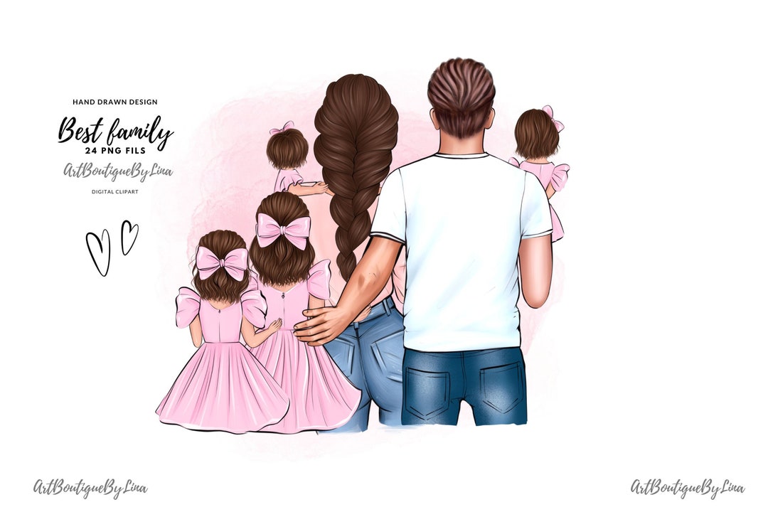 Family Clipart, Father Mother and 4 Daughters Clipart, Parents and Kids ...