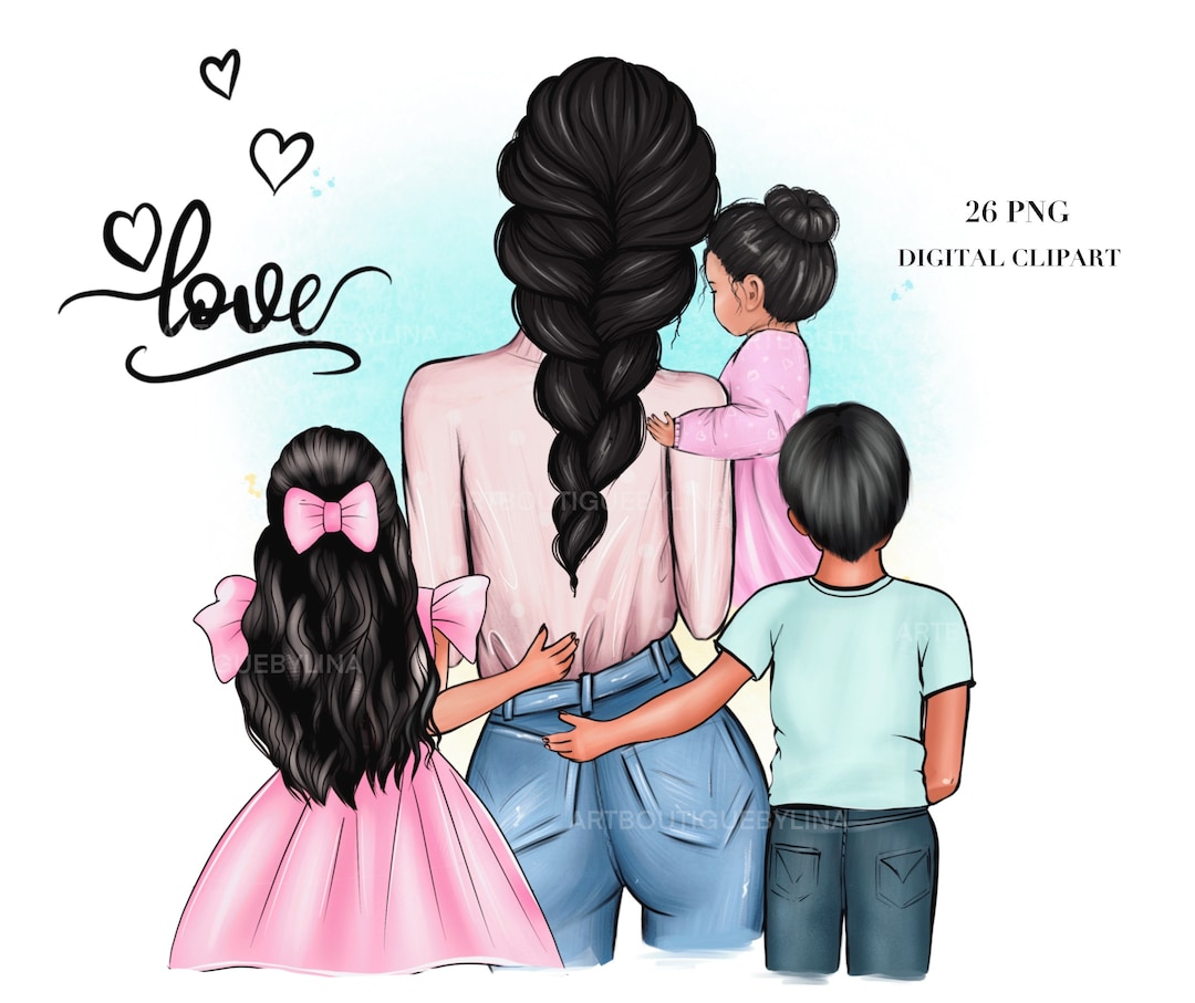 Mother Two Daughter and Son Clipart, Mom 3 Kids Clipart, Mom Clipart, Mommy Clipart, Mother’s ...