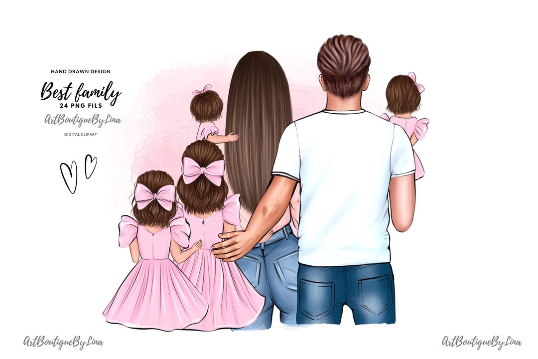 Family Clipart, Father Mother and 4 Daughters Clipart, Parents and Kids ...