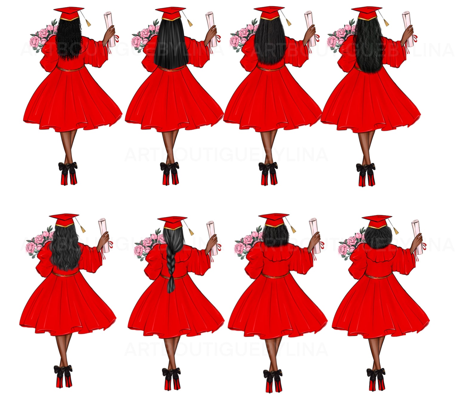 Graduation Red Girls Clipart: Diploma, Grads Friends (PNG, JPEG Digital ...
