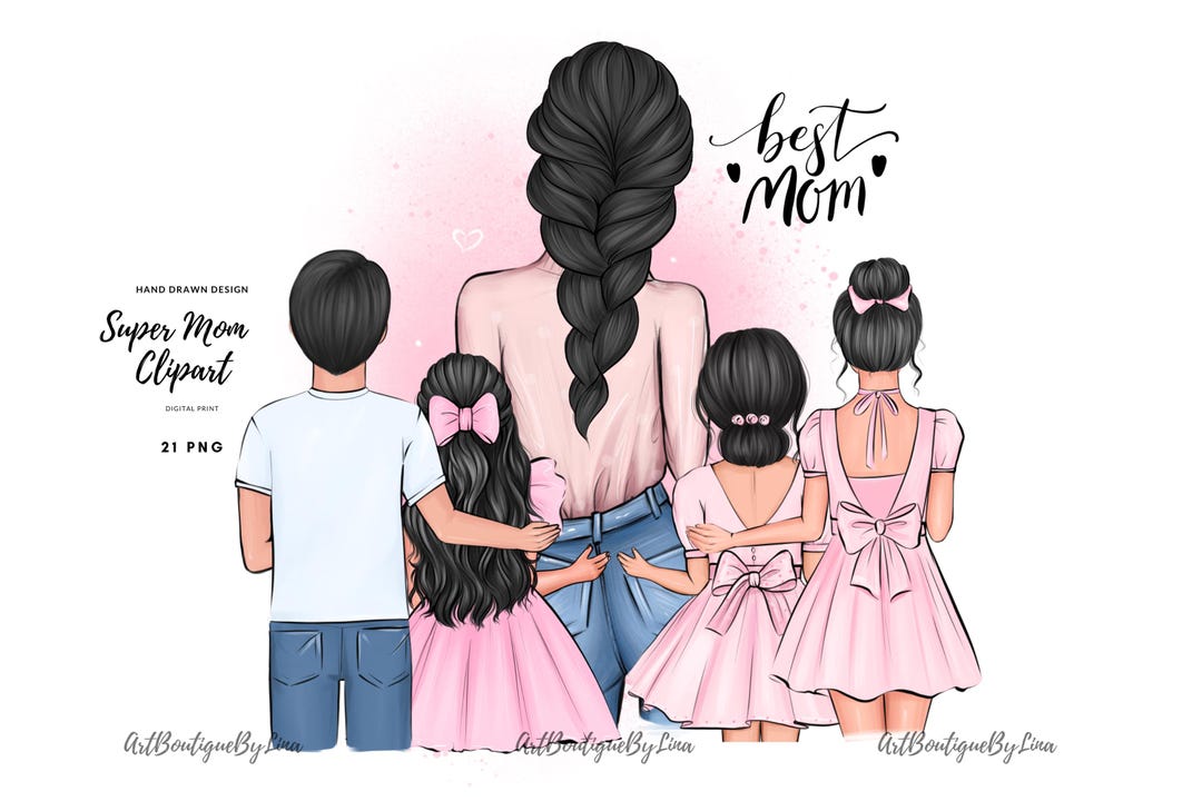 Mother Three Daughter and Son Clipart, Mom 4 Kids Clipart, Mom Clipart, Mommy Clipart, Mother’s ...