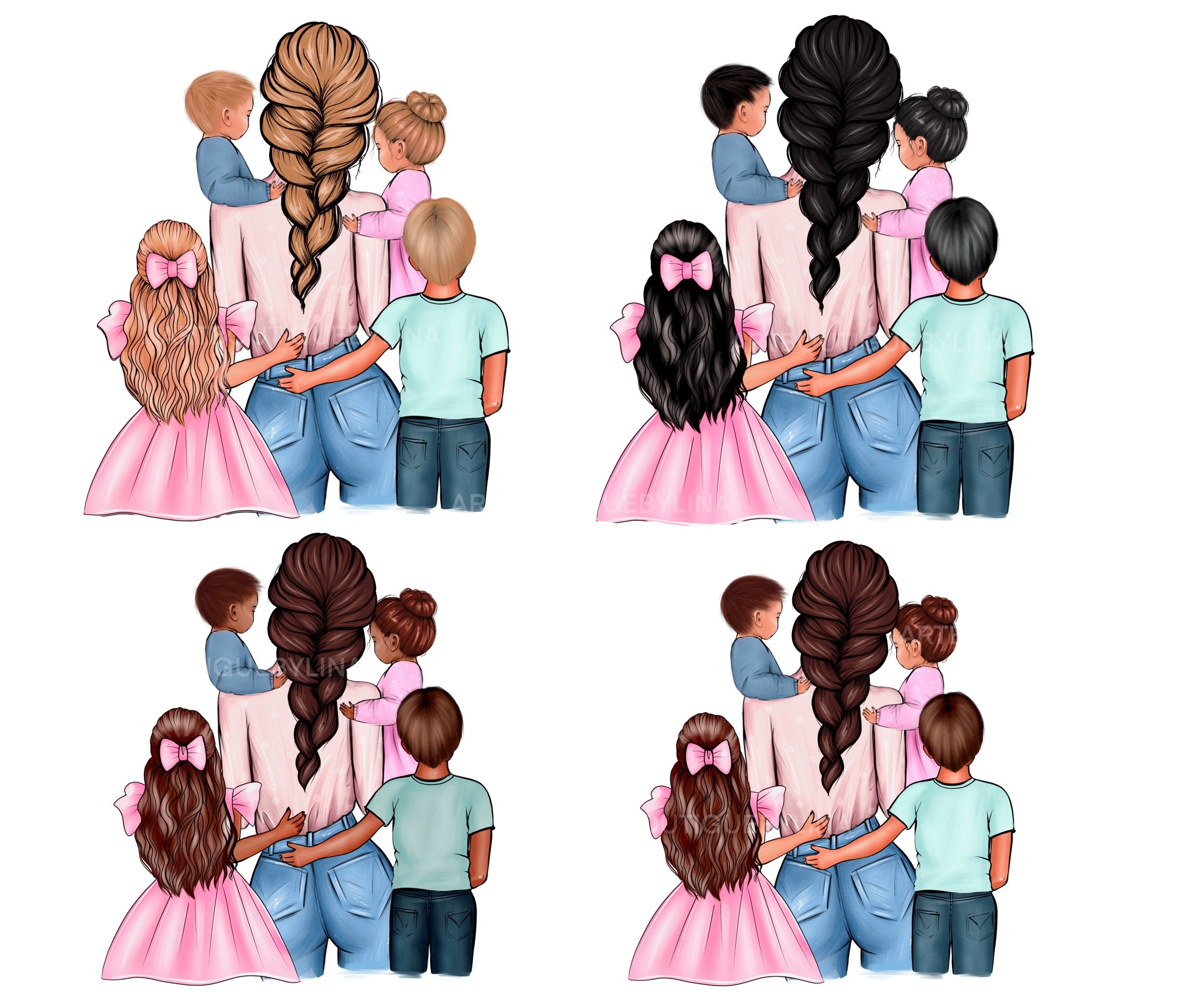 Mother Two Daughters and Two Sons Clipart Mom 4 Kids Clipart - Etsy Australia