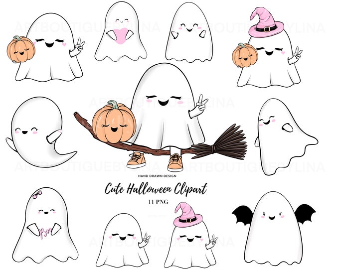 Hand Drawn Ghost Clip Art Set, Hand Drawn Ghost Clipart Set, Hand Drawn ...