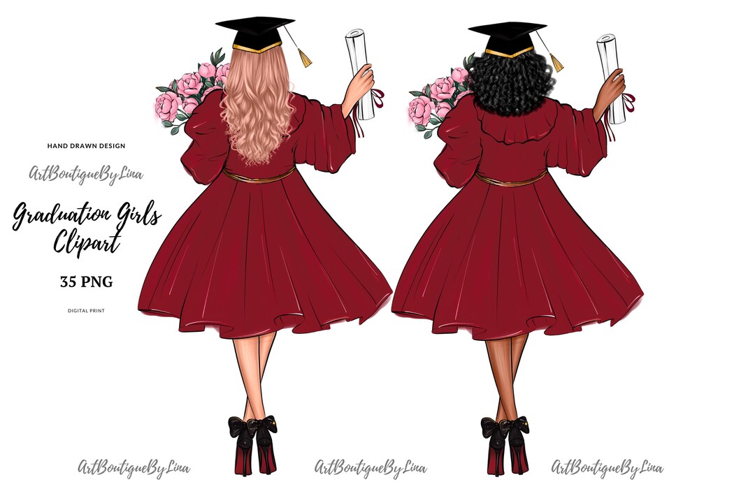 Graduation Girls Clipart: Dark Red Dress, Grads Friends (commercial Use ...