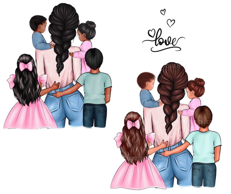 Mother Two Daughters and Two Sons Clipart Mom 4 Kids Clipart - Etsy