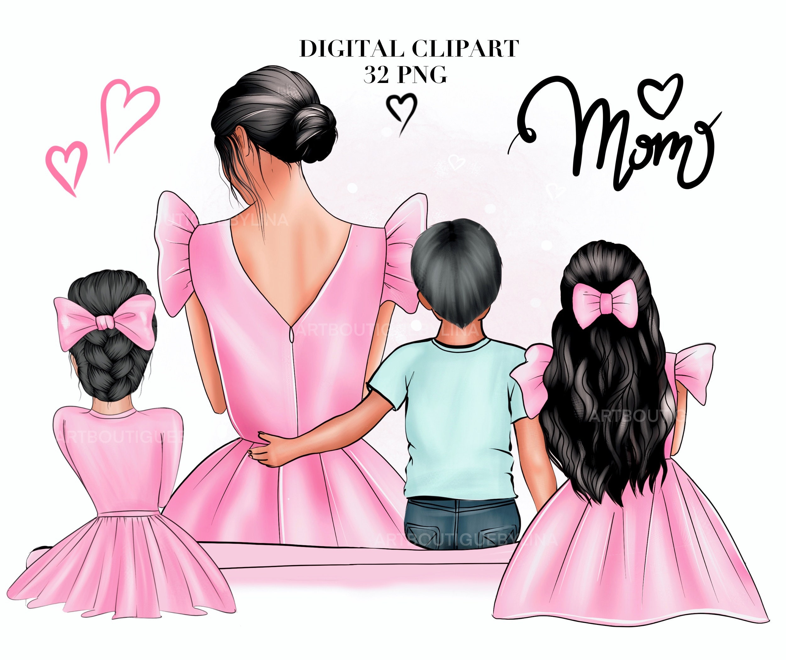 Mother Two Daughter and Son Clipart Mom 3 Kids Clipart Mom - Etsy