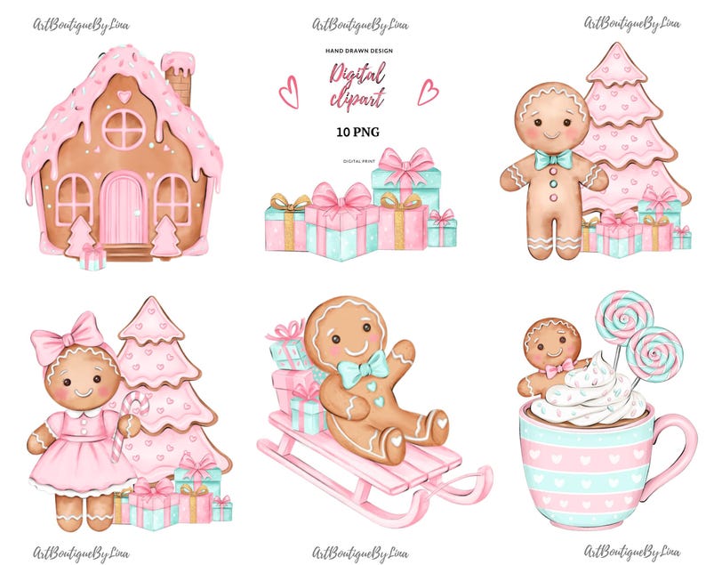 Pink Gingerbread Cookie Clipart Bundle | Watercolor Christmas PNG ...