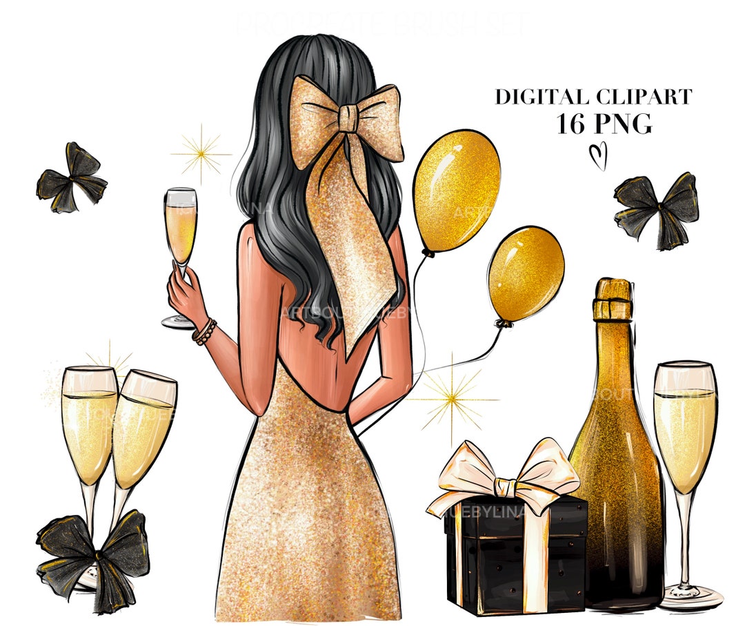 New Year Clipart, Fashion Birthday Party Clipart, Balloons, Gold ...
