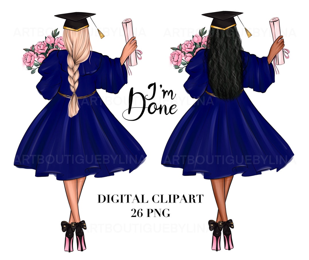 Graduation Girls Clipart: Royal Blue Gown, Diploma (PNG Digital ...