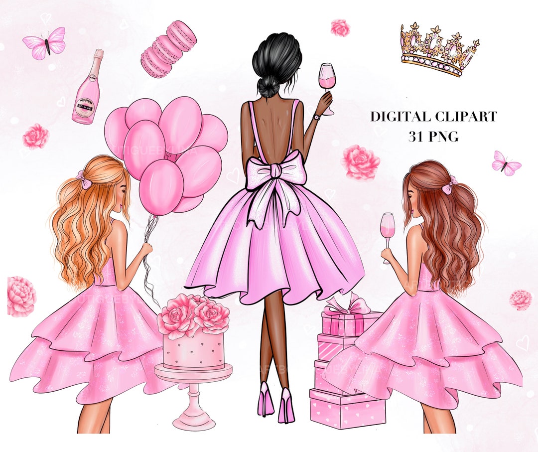 Birthday Fashion Girl Clipart: Party Illustrations, DIY Graphics (31 ...