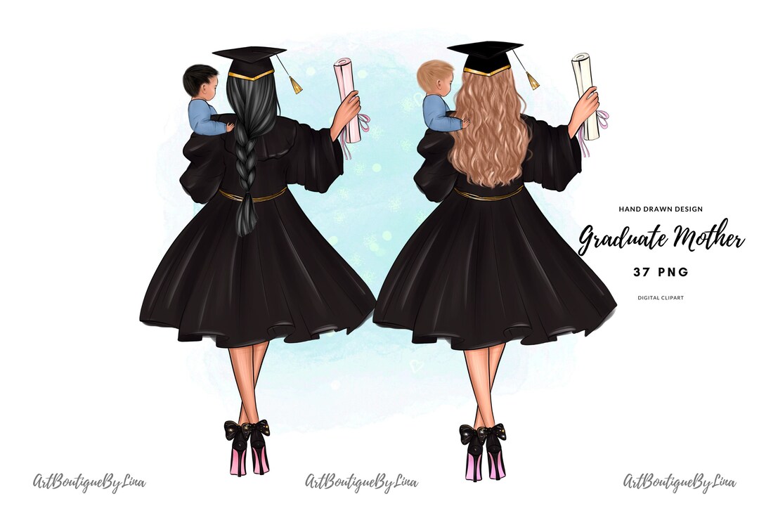 Graduate Mother Clipart | Hand Drawn Digital PNG Set | Graduation Mom ...