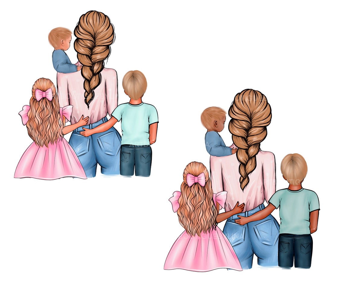 Mother Daughter and Two Sons Clipart Mom 3 Kids Clipart Mom - Etsy