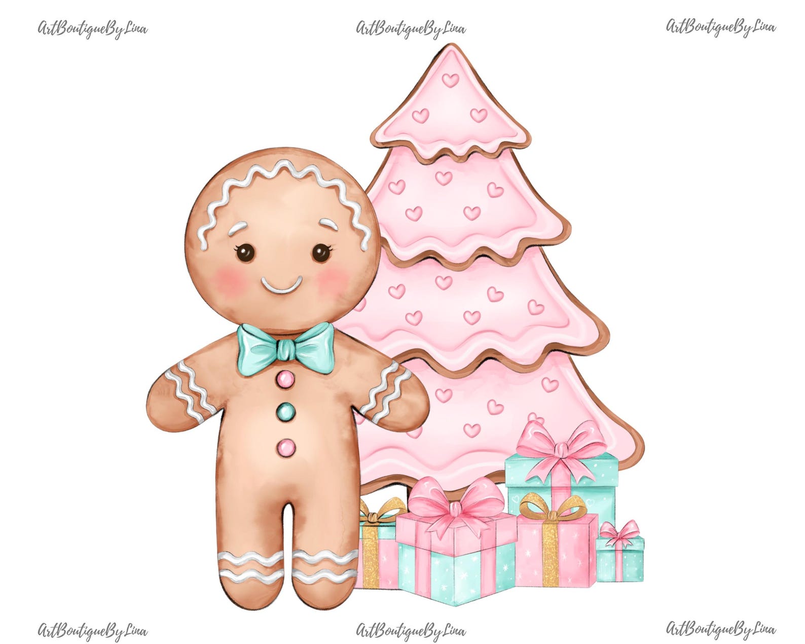 Pink Gingerbread Cookie Clipart Bundle | Watercolor Christmas PNG ...