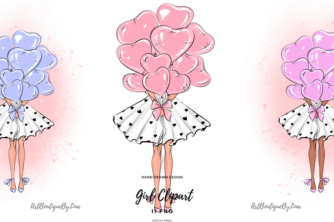 Pink Girl With Heart Balloon Clipart, Girl Celebration PNG With Heart ...