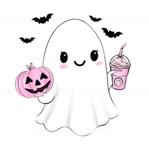 Pink Halloween Ghost Clipart - Digital Illustration of Ghost With Pink ...