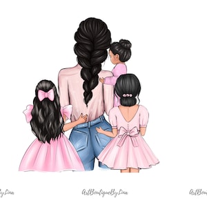 Mother & Three Daughters Clipart: Mom and Kids Illustration (digital ...
