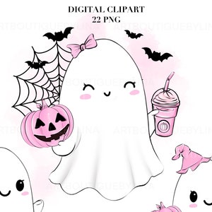Pink Halloween Ghost Clipart - Digital Illustration of Ghost With Pink ...