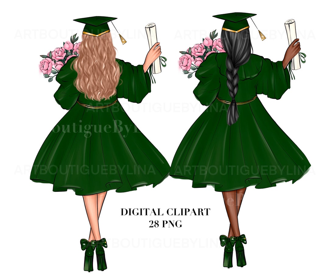 Graduation Girls Green Gown Clipart, Graduation Clipart, Grads Friends ...