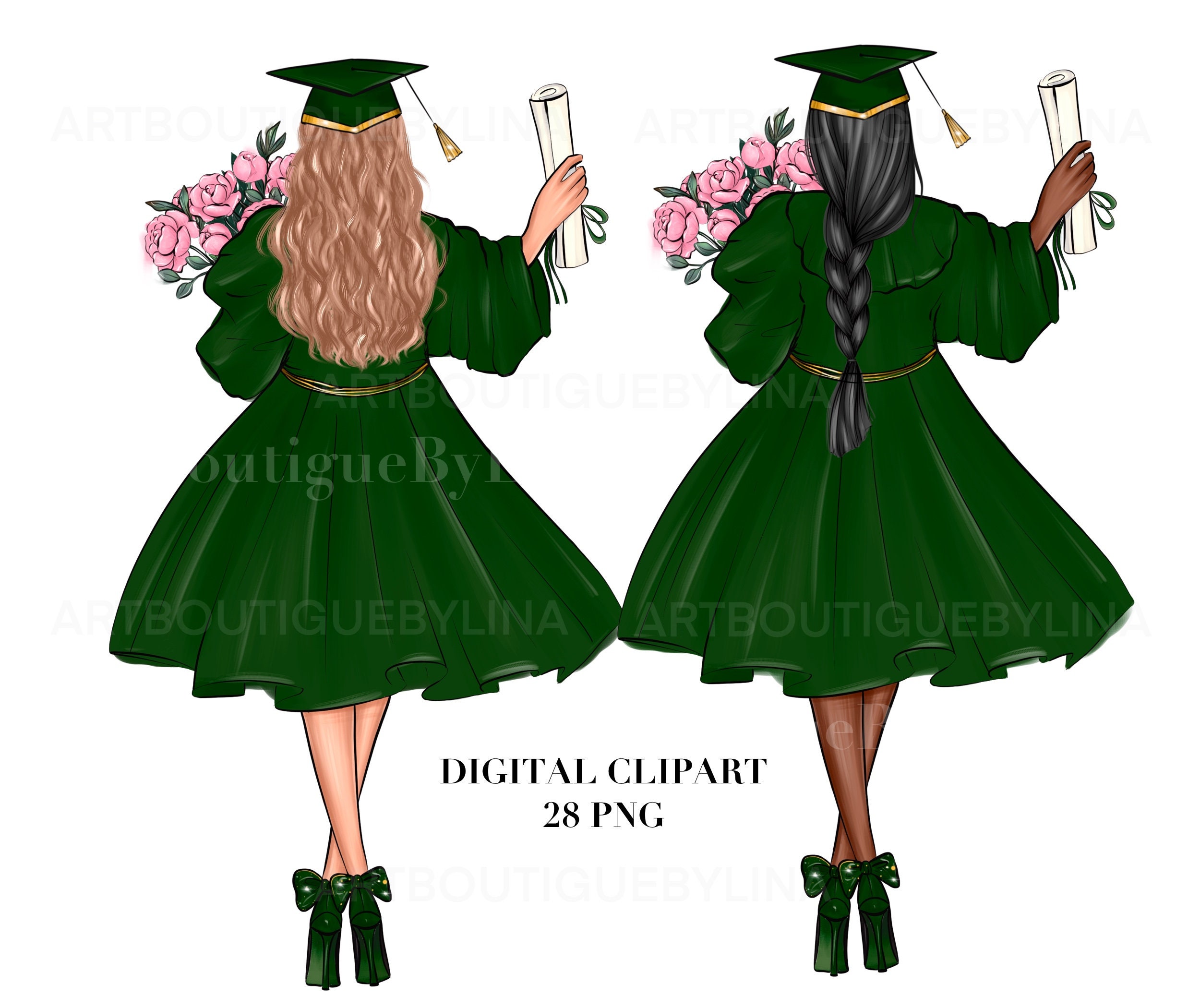 Graduation Girls Green Gown Clipart, Graduation Clipart, Grads Friends ...