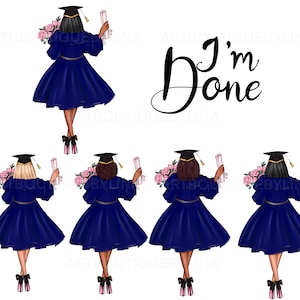 Graduation Girls Clipart: Royal Blue Gown, Diploma (PNG Digital ...