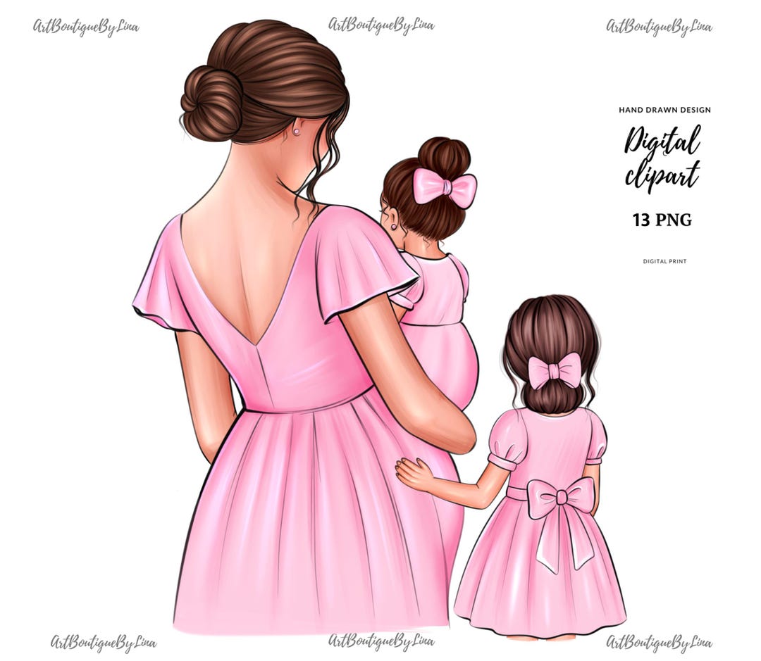 Pregnant Mom & 2 Daughters Clipart | Family Maternity Illustration ...