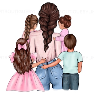 Mother Three Daughters and One Son Clipart, Mom 4 Kids Clipart, Mom ...