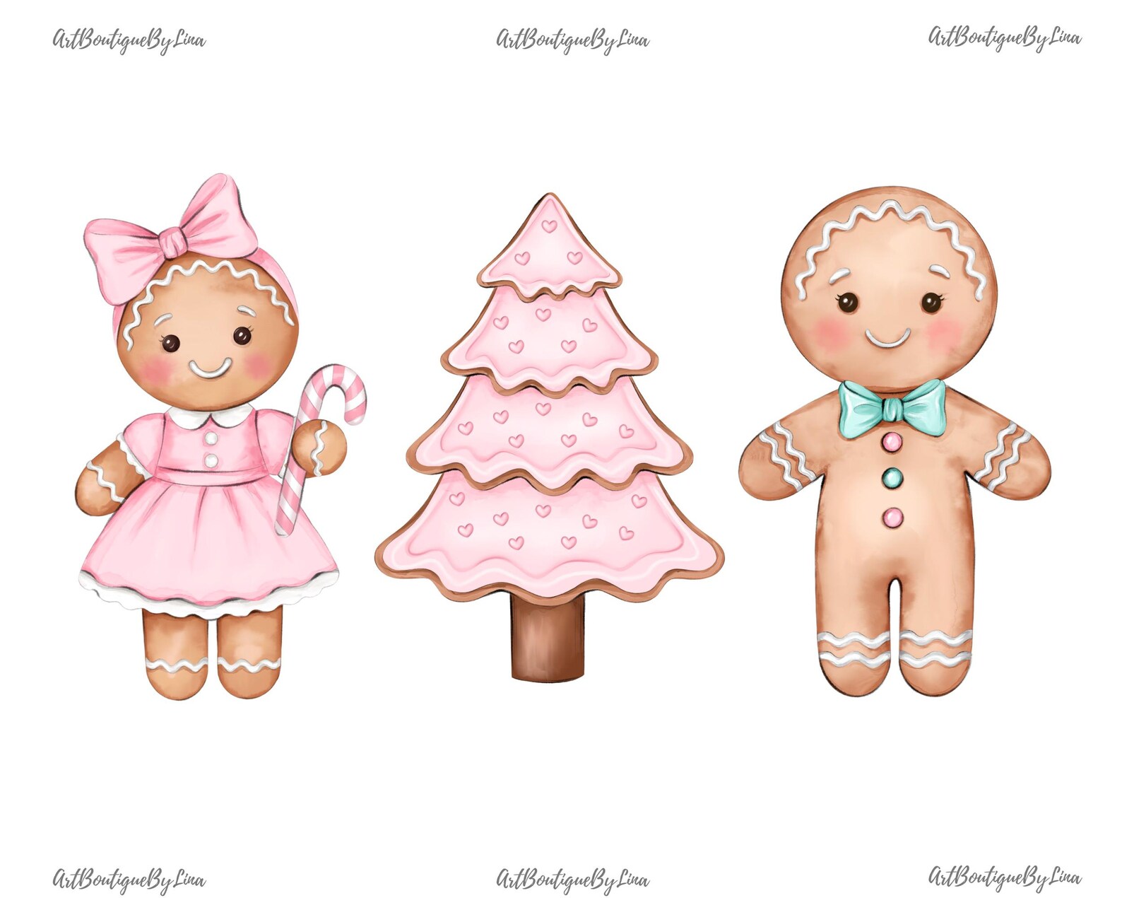 Pink Gingerbread Cookie Clipart Bundle | Watercolor Christmas PNG ...