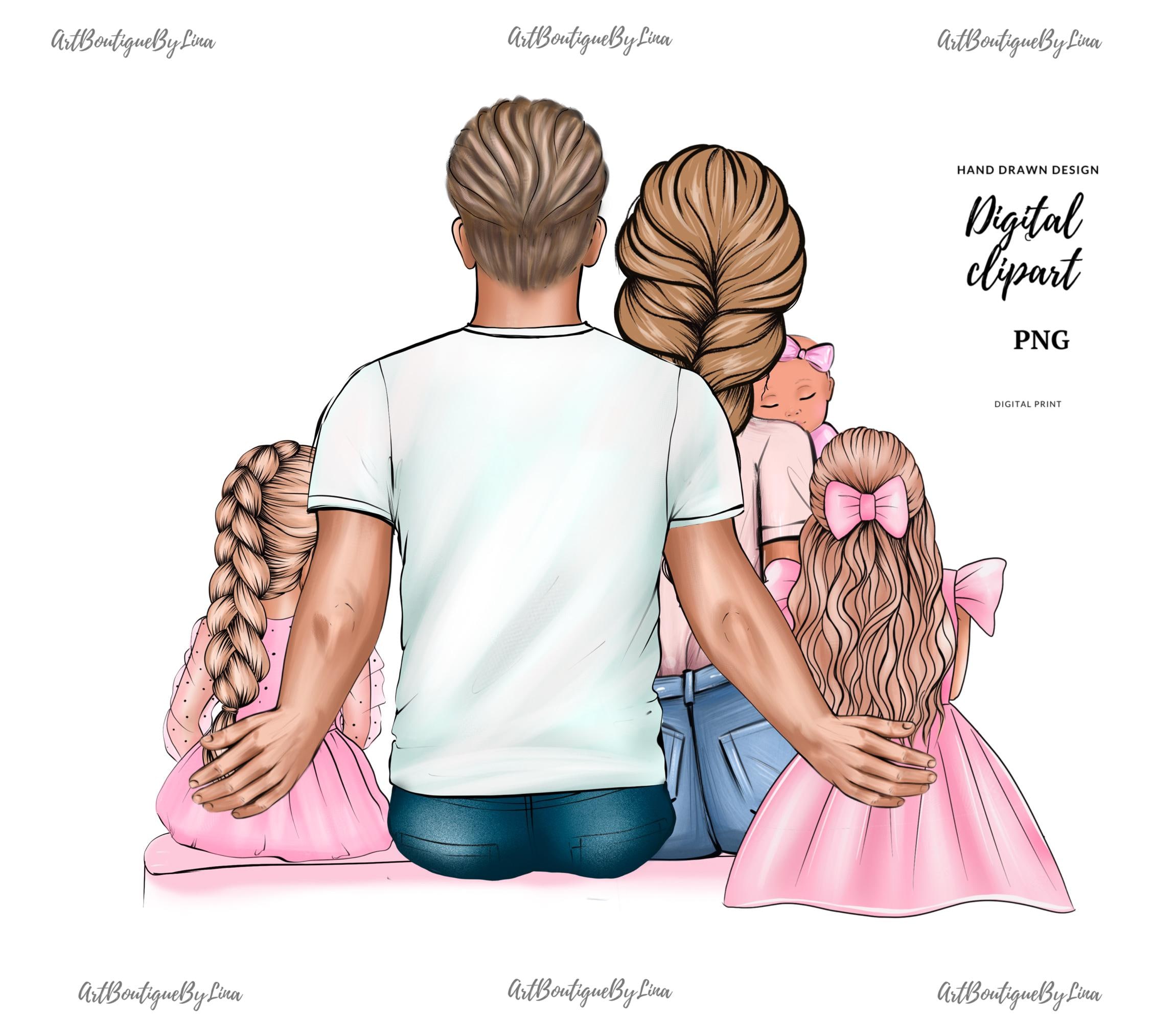 Father's Day Family Clipart: Dad, Mom & 3 Daughters (PNG Digital ...