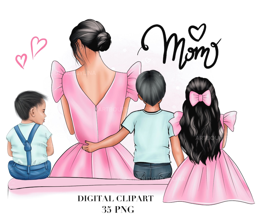 Mother Two Son and Daughter Clipart, Mom 3 Kids Clipart, Mom Clipart, Mommy Clipart, Mother’s ...