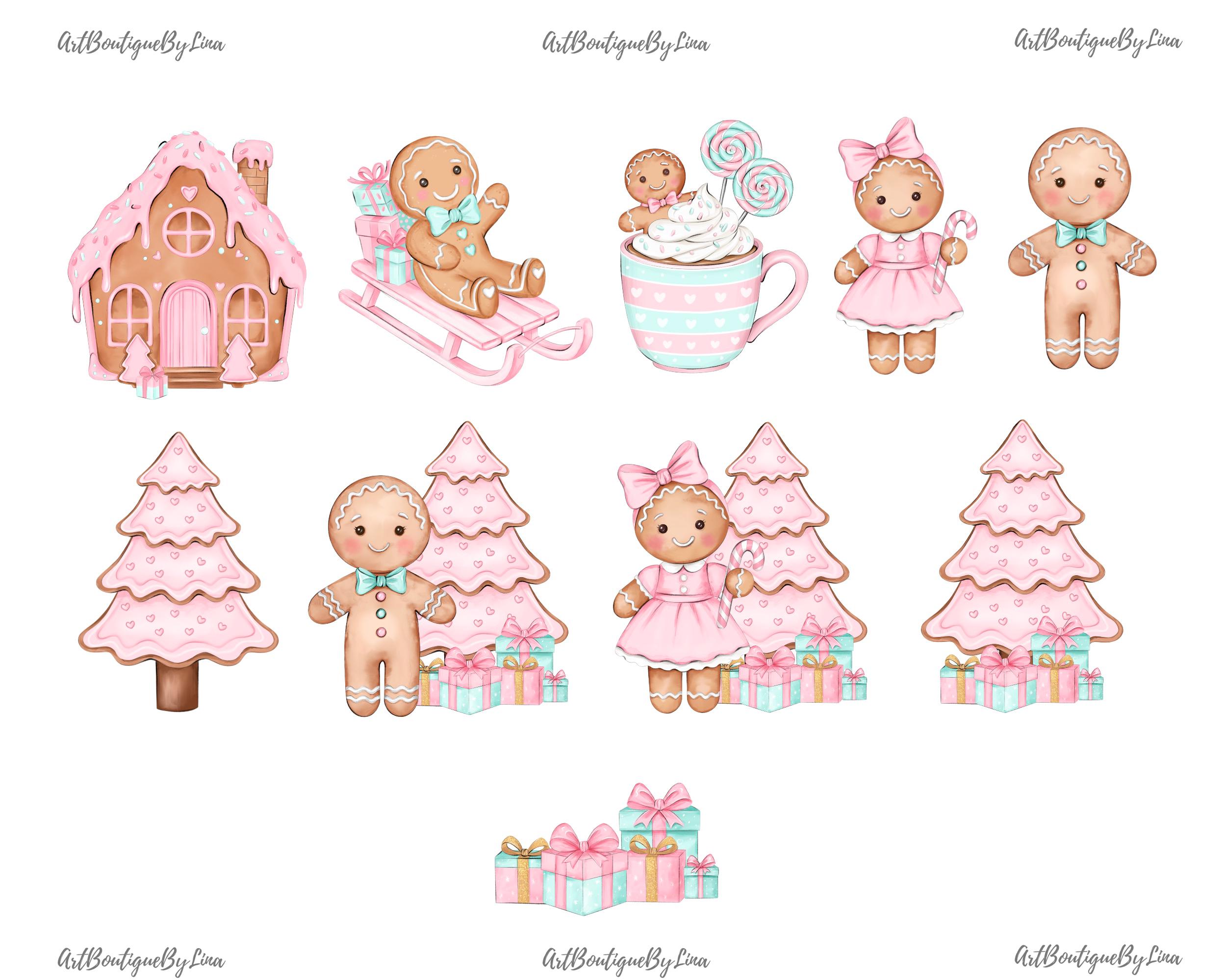 Pink Gingerbread Cookie Clipart Bundle | Watercolor Christmas PNG ...