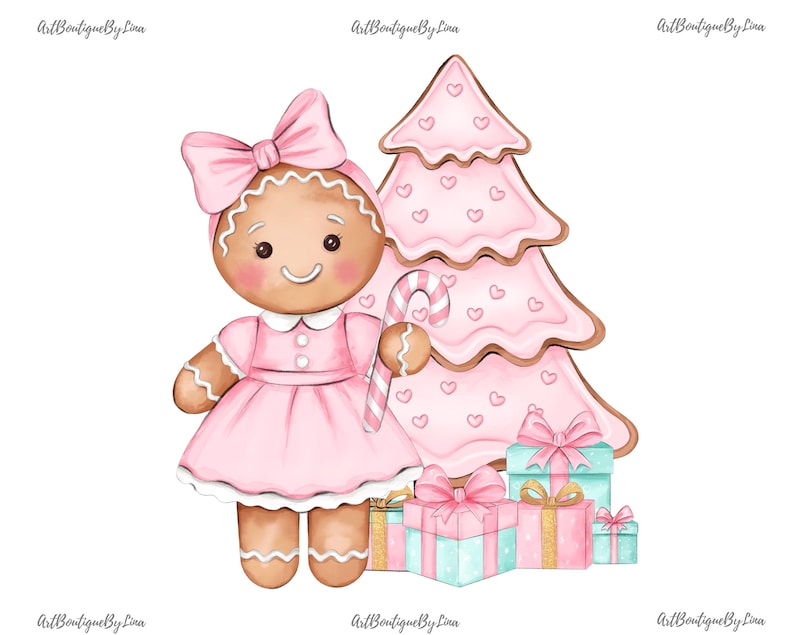 Pink Gingerbread Cookie Clipart Bundle | Watercolor Christmas PNG ...