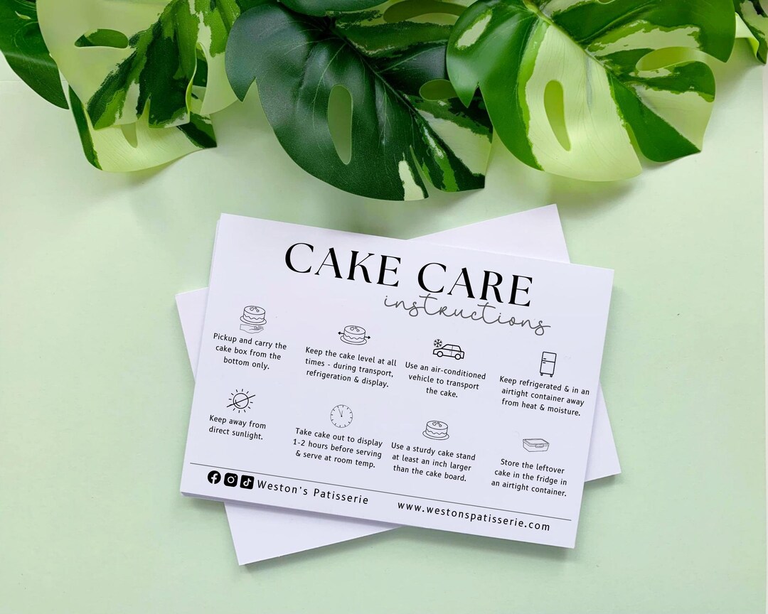 Cake Care Card, Safety & Info Card for Bakers and Cake Makers Printed ...
