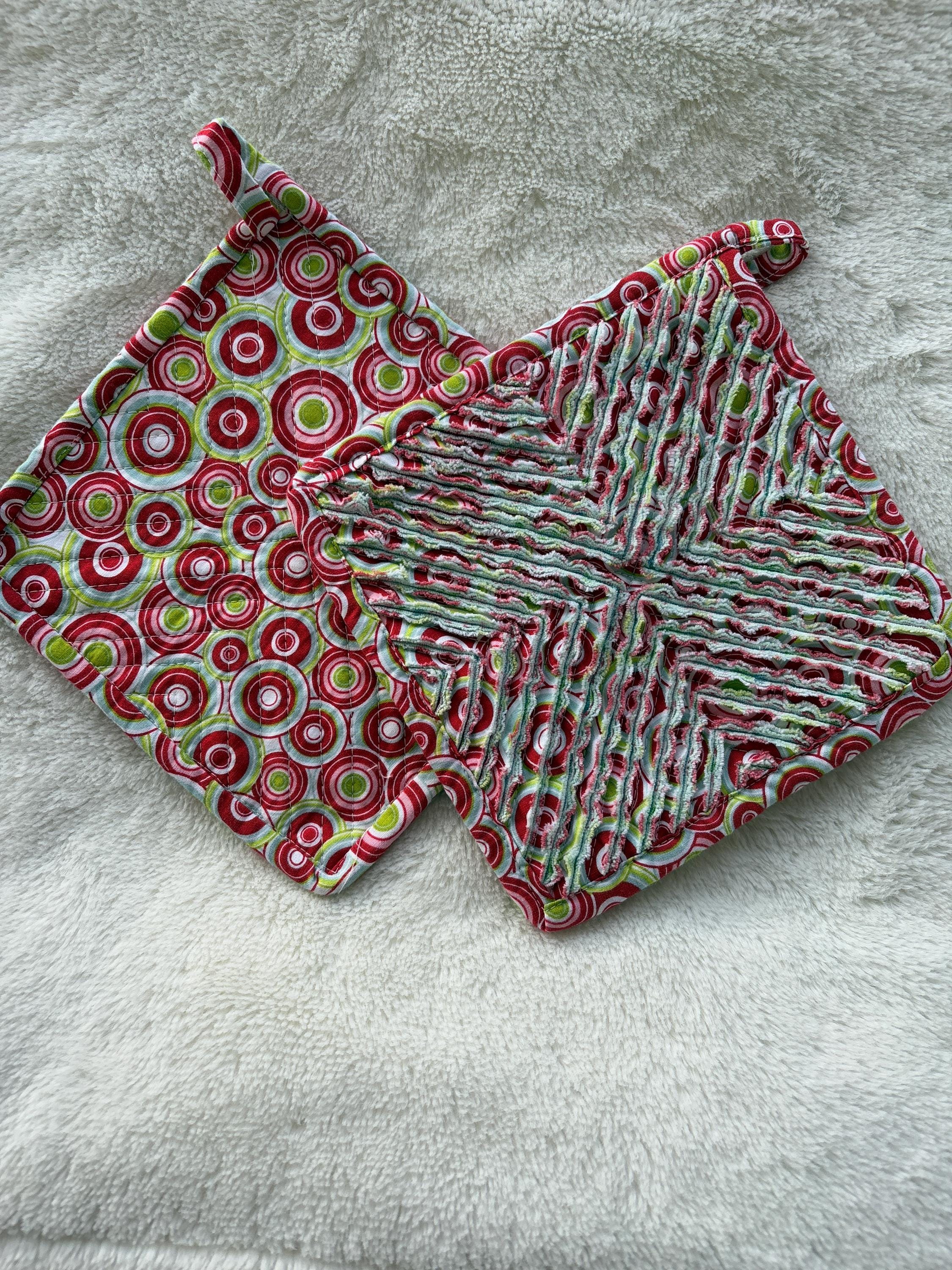 Set of Chenille Pot Holders, 2 Chenille Hot Pads, Red & Lime Green, W ...
