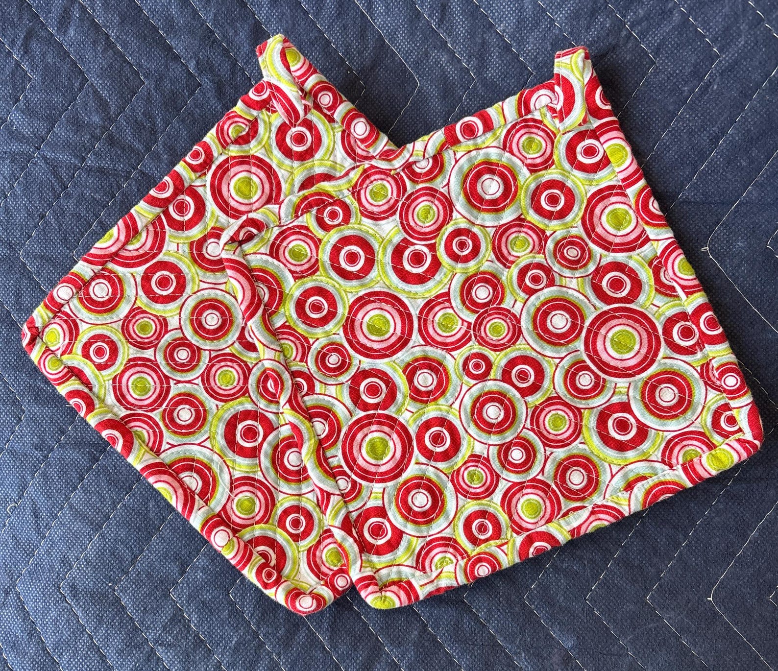 Set of Chenille Pot Holders, 2 Chenille Hot Pads, Red & Lime Green, W ...