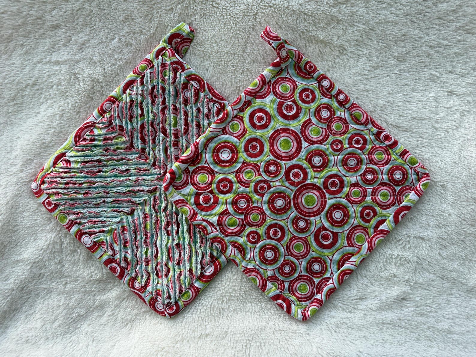 Set of Chenille Pot Holders, 2 Chenille Hot Pads, Red & Lime Green, W ...
