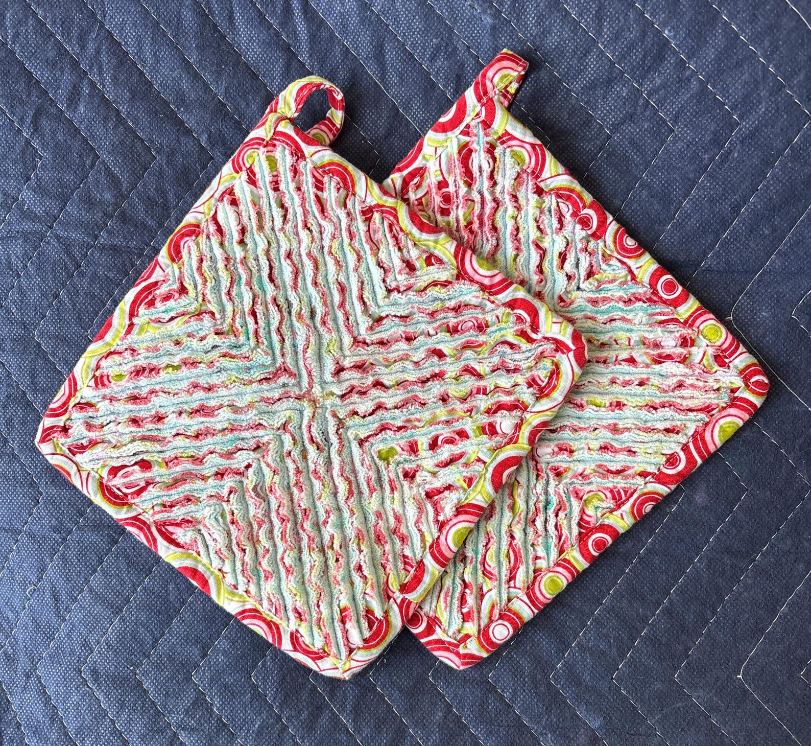 Set of Chenille Pot Holders, 2 Chenille Hot Pads, Red & Lime Green, W ...