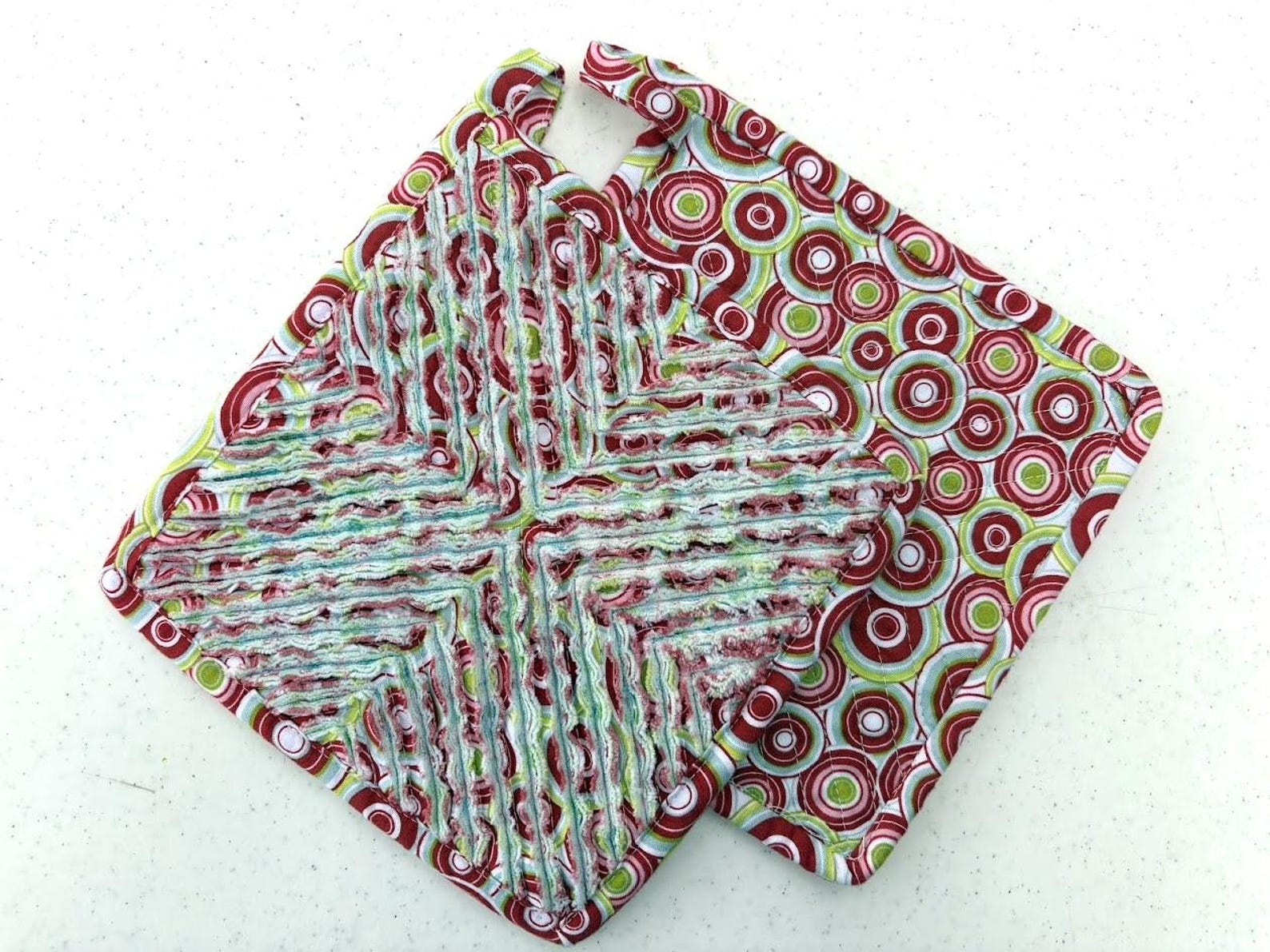 Set of Chenille Pot Holders, 2 Chenille Hot Pads, Red & Lime Green, W ...