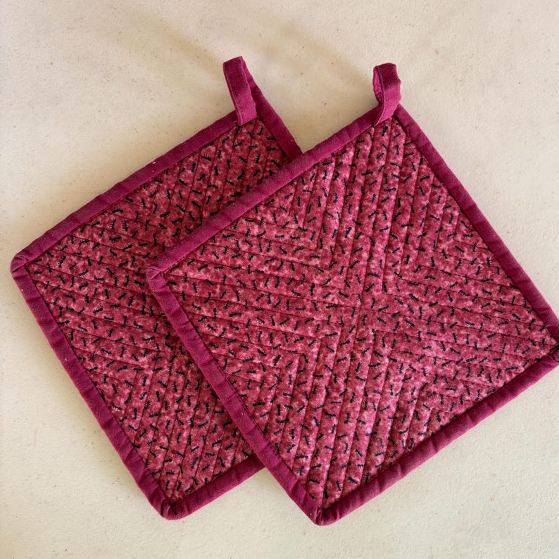Set of Chenille Pot Holders With Ants, 2 Ant Hot Pads, Red/maroon With ...