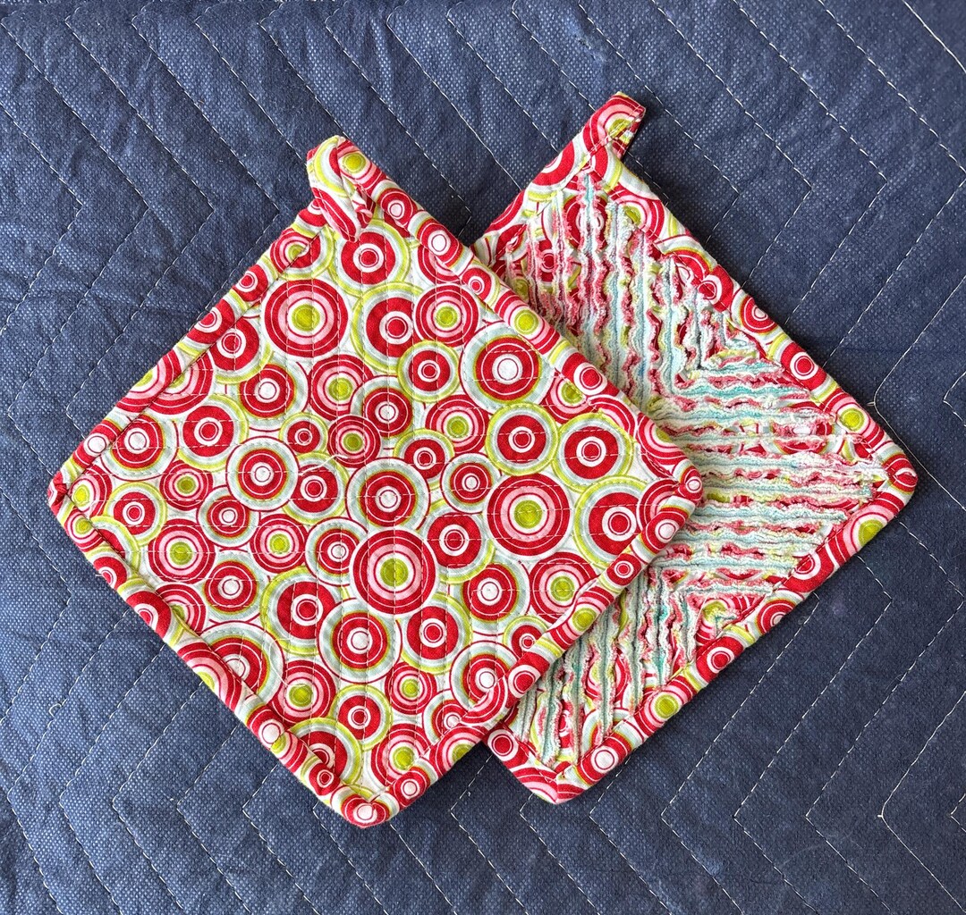 Set of Chenille Pot Holders, 2 Chenille Hot Pads, Red & Lime Green, W ...