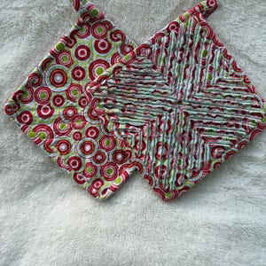 Set of Chenille Pot Holders, 2 Chenille Hot Pads, Red & Lime Green, W ...