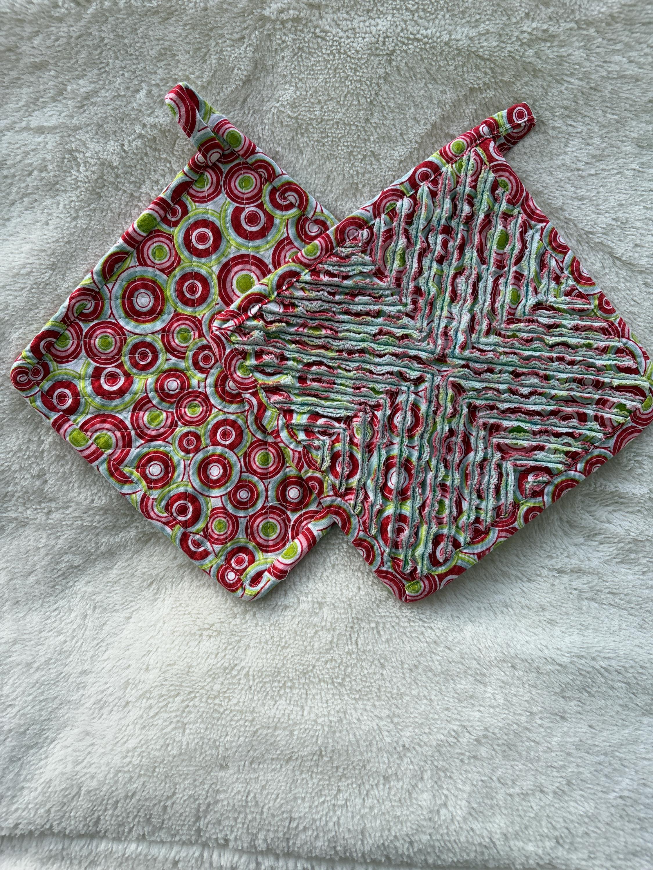 Set of Chenille Pot Holders, 2 Chenille Hot Pads, Red & Lime Green, W ...