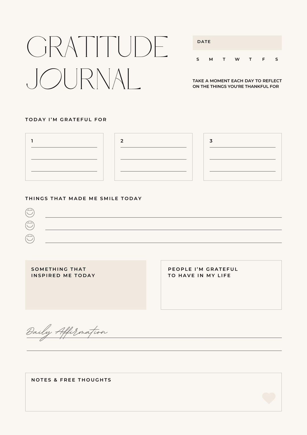 Daily Gratitude Journal Worksheet - Etsy