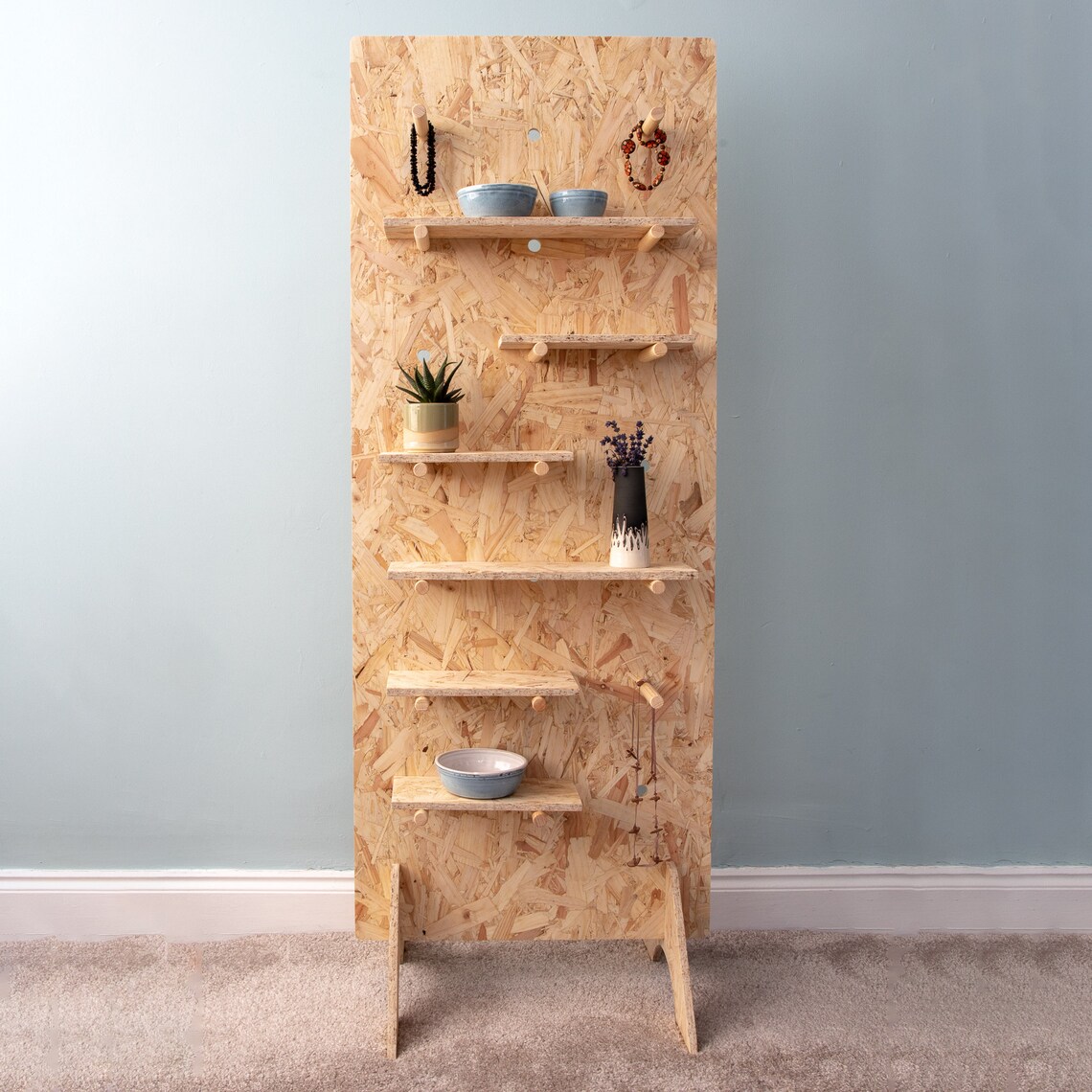OSB Pegboard, Tall Free-standing With Feet, Includes Pegs and Shelves ...