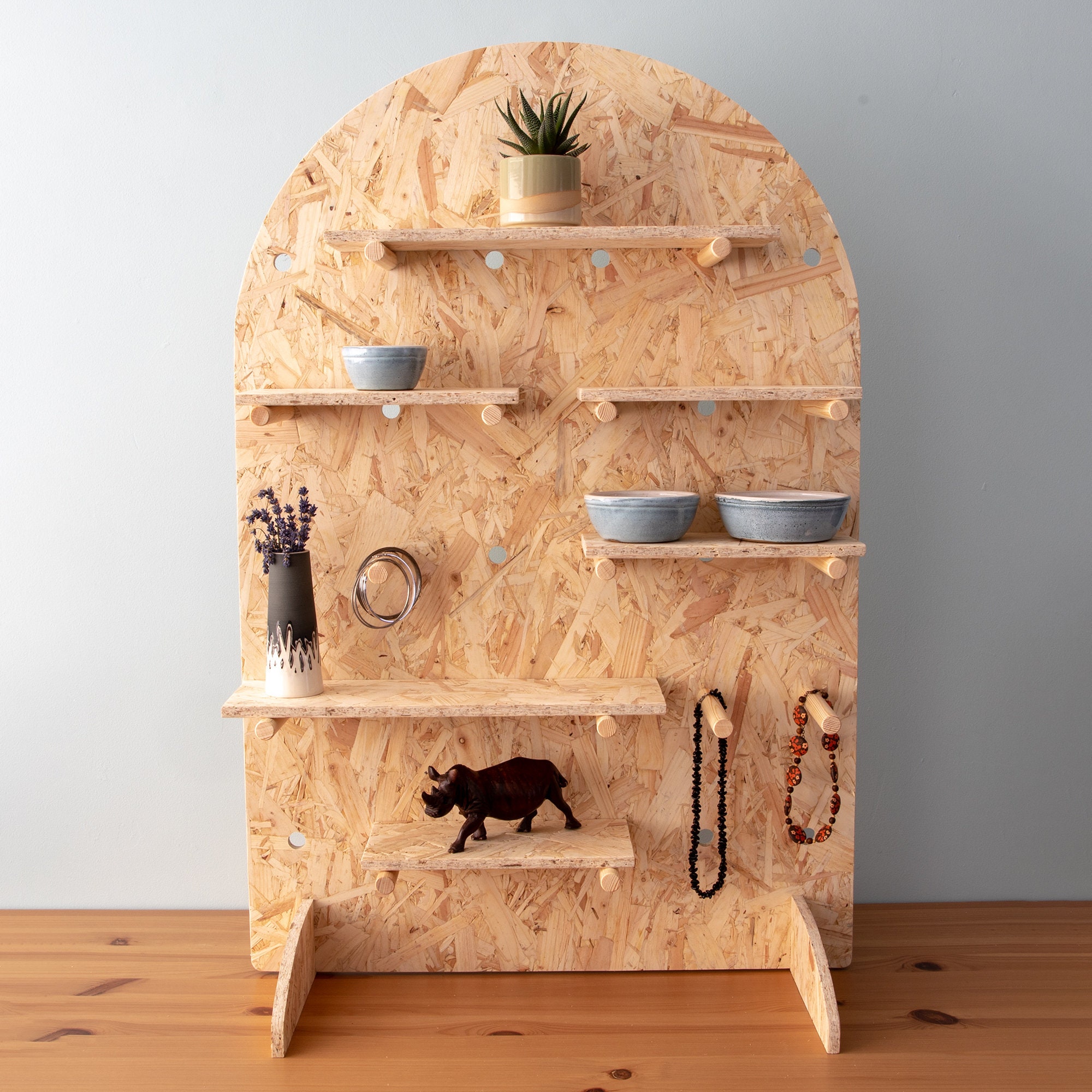 Table Top OSB Pegboard With a Curved Top, Includes Feet, Shelving and ...