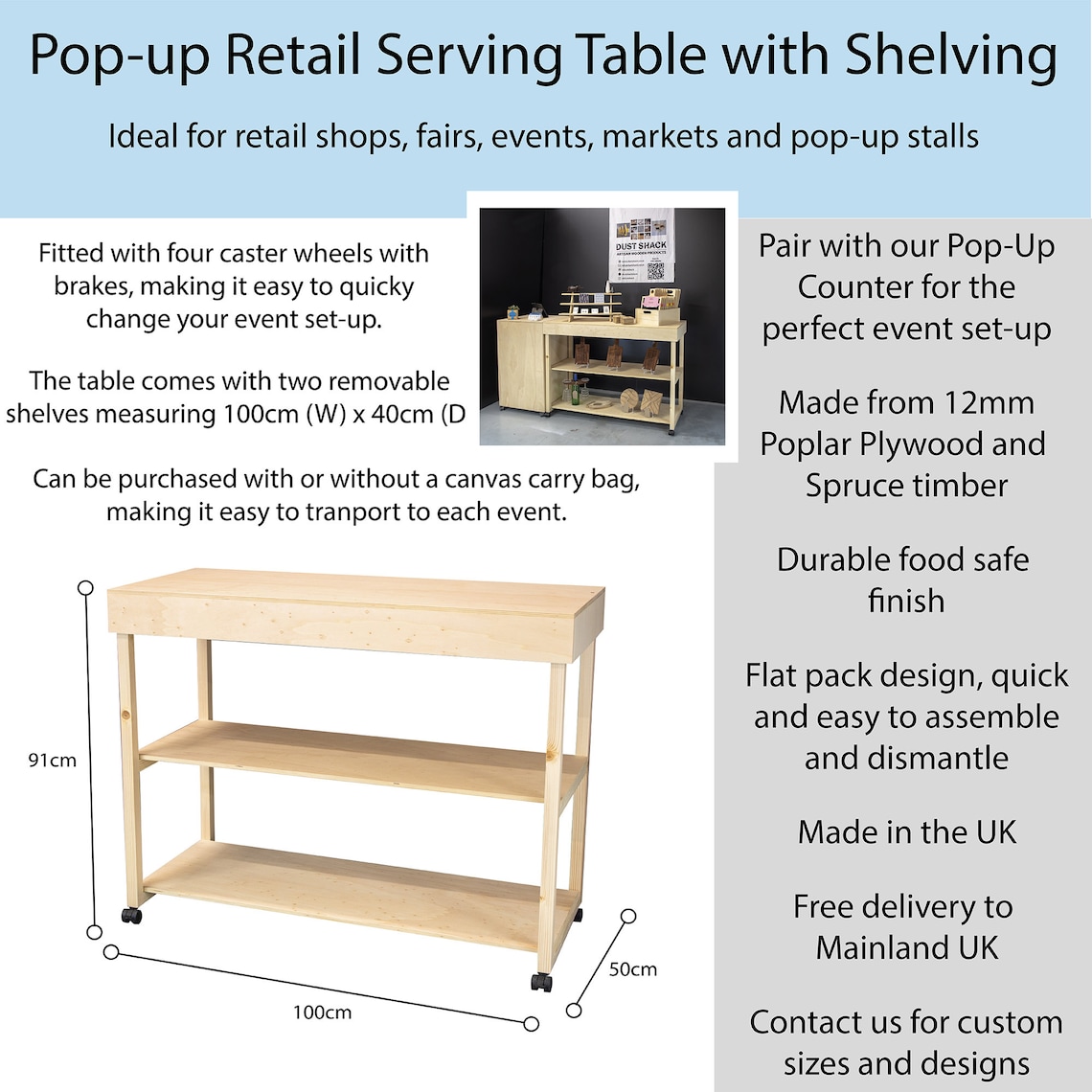Pop-up Portable Retail Serving Table With Shelving and Wheels, Display ...