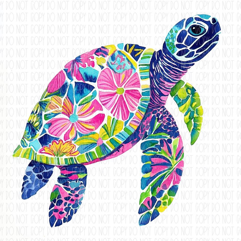 Preppy Sea Turtle, Floral Sea Turtle, Beach, Colorful Watercolor Turtle ...