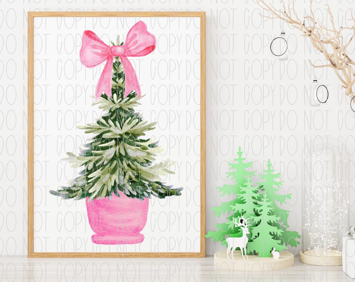Preppy Christmas Tree, Pink Coquette Bow, Watercolor Tree, Girly ...