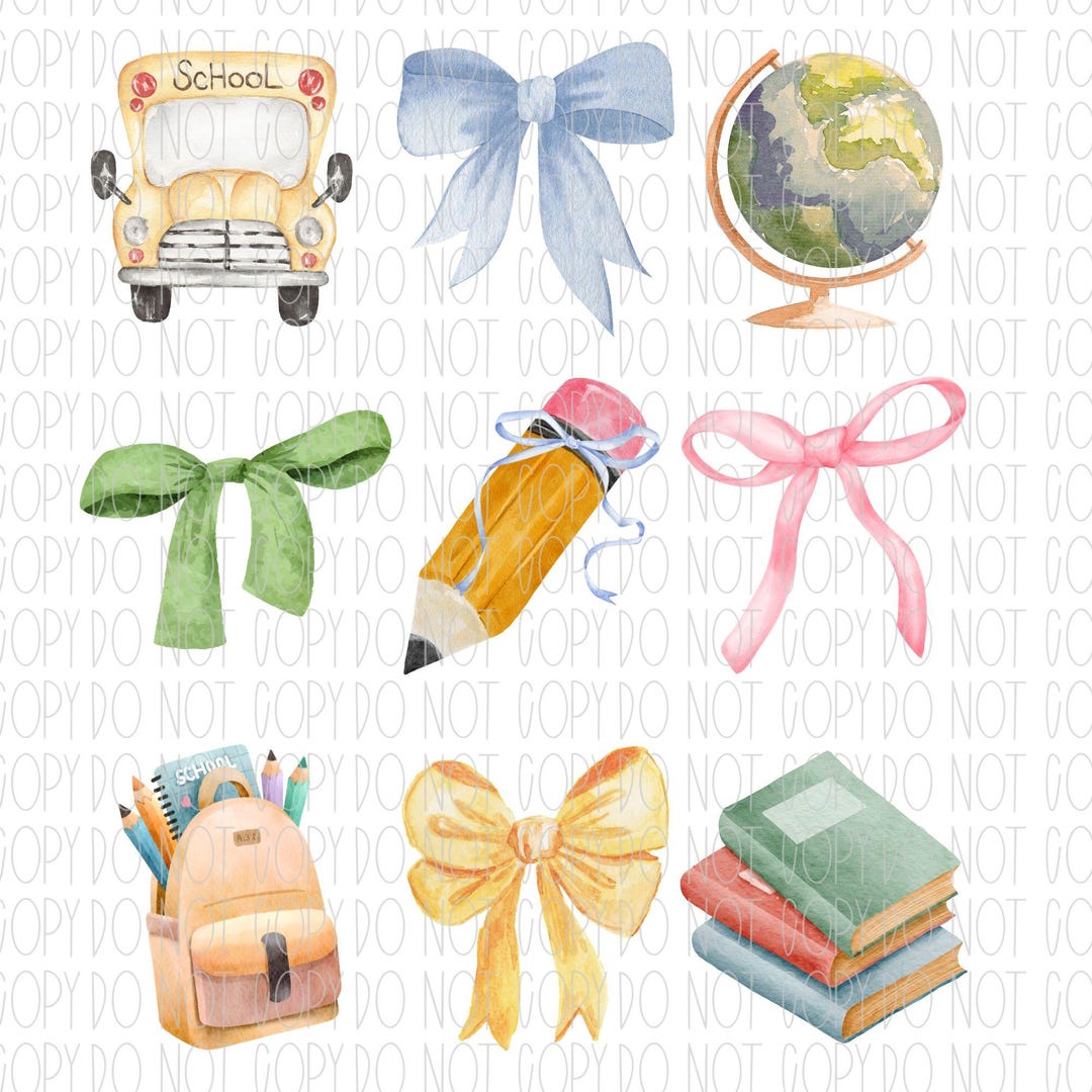 Back to School, Watercolor Coquette, Bow, School Bus, Preppy, School ...