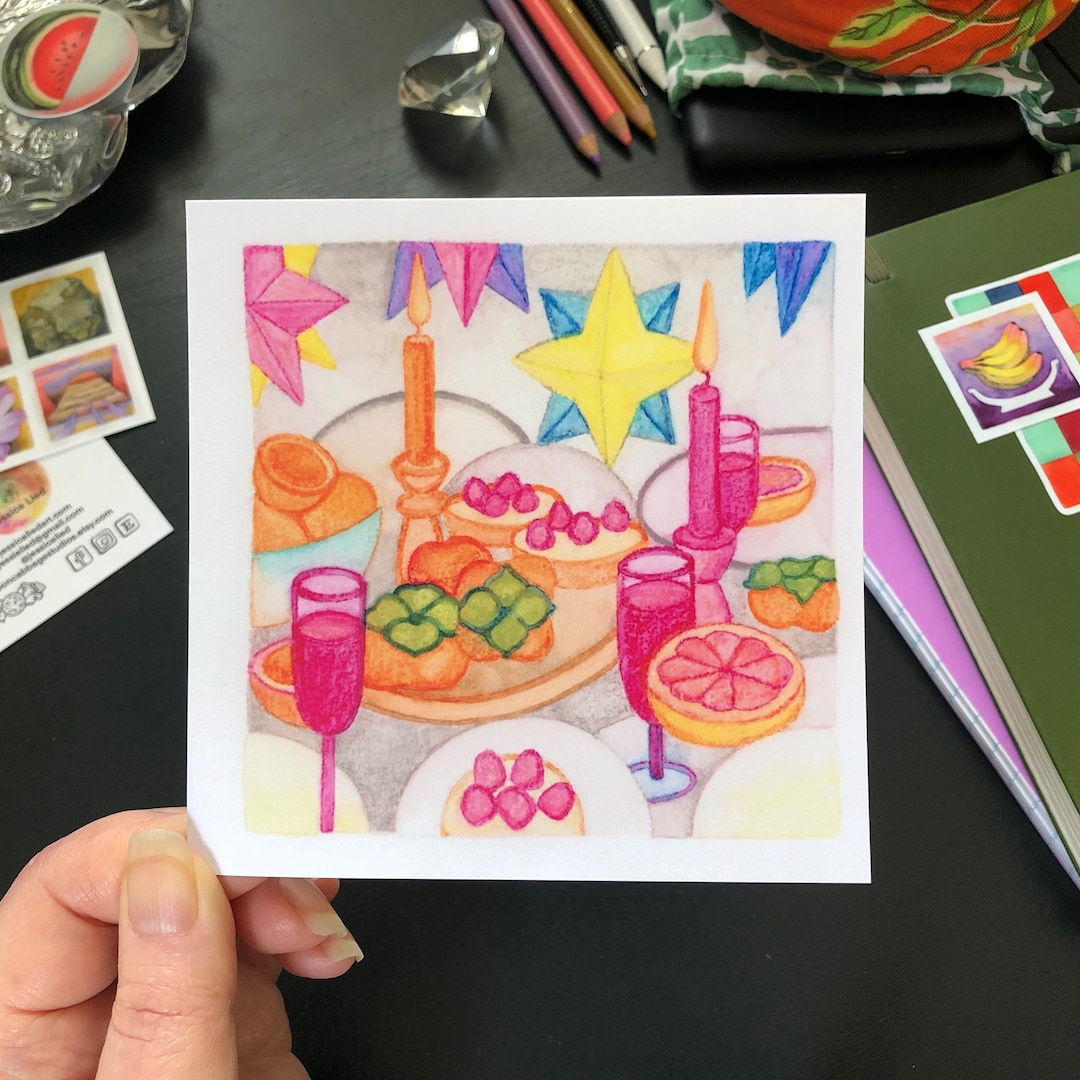 Persimmon Party - 4.75” X 4.75” Square Print, Art Card, Wall Decor or ...