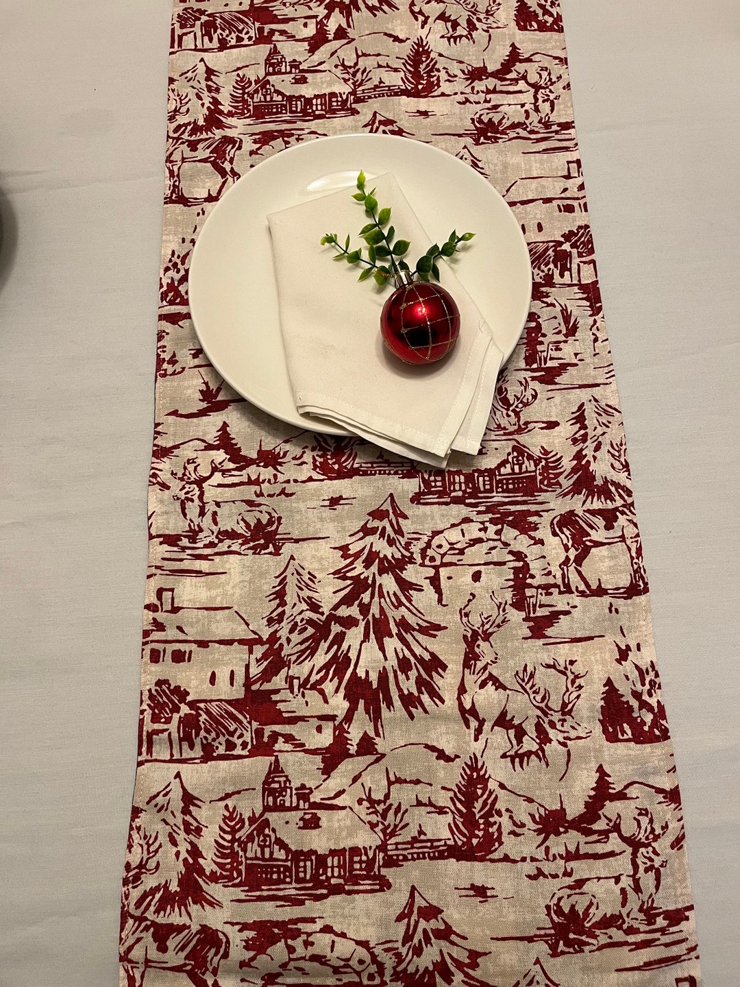 Reversible Christmas Table Runner: Red Winter Scenery & Buffalo Plaid ...
